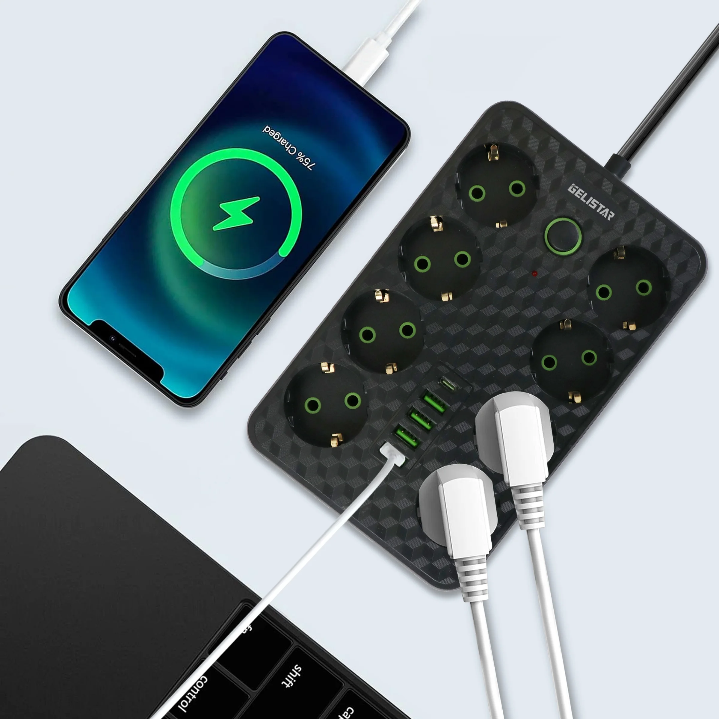 European Power Socket 8 Outlets with 4 USB and 1 Type C Color Black ...