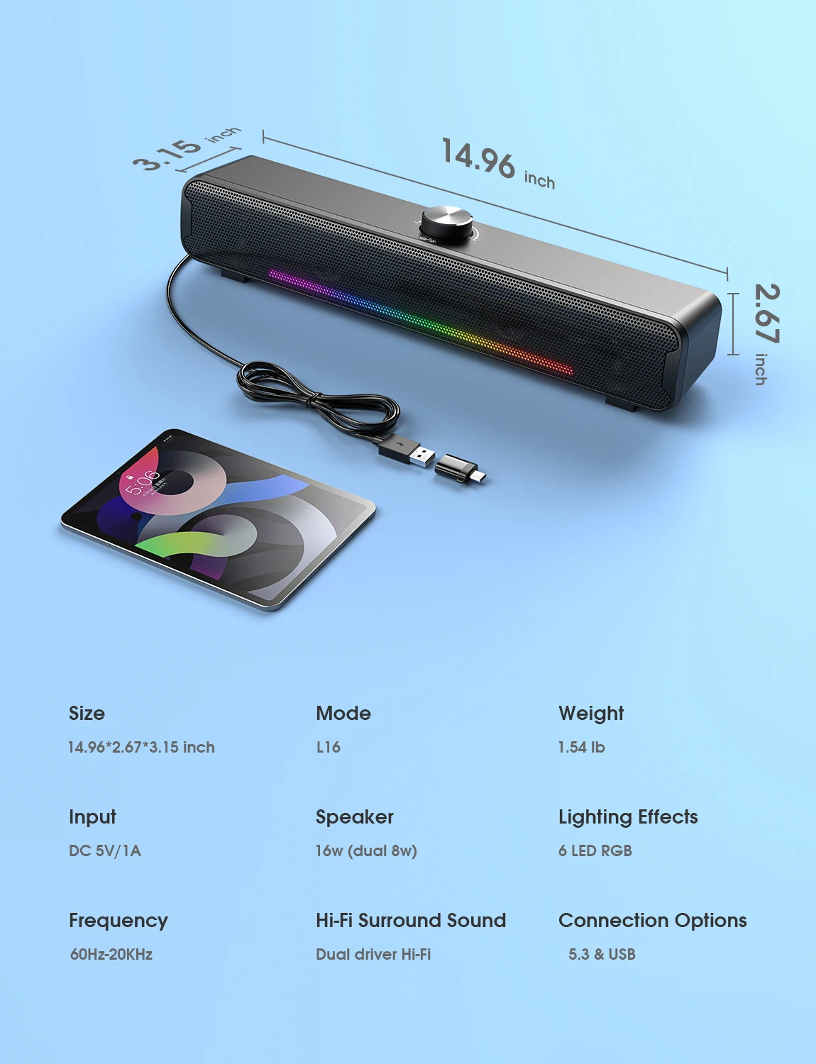 ONIKUMA L16 TV Soundbar Box - Stereo Music with 4D Surround Sound