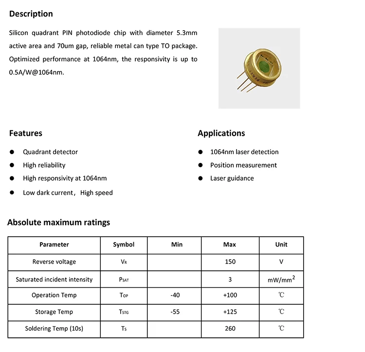 1064nm Four Quadrant Detector Silicon Quadrant Pin Photodiode For ...