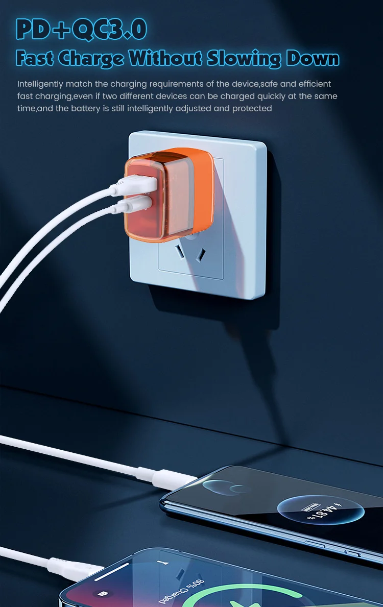 Eu Cstomization Transparent Dual Ports Pd And Qc3.0 20w Quick Charging Usb Charger Data Cable ...