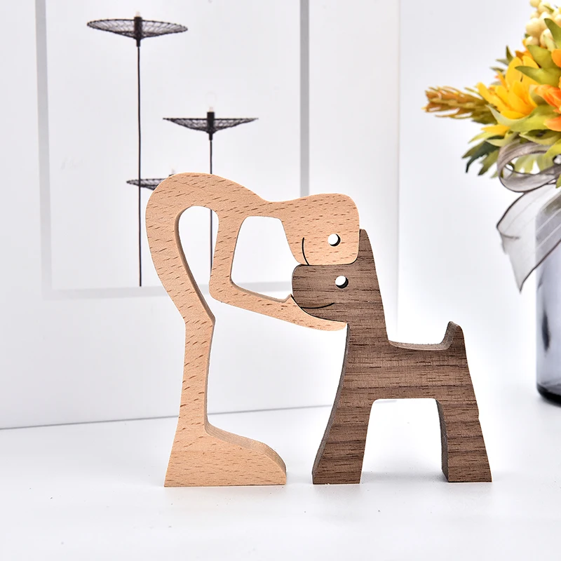 Hand-sanded Human & Dog Wooden Sculptures for Home Decor