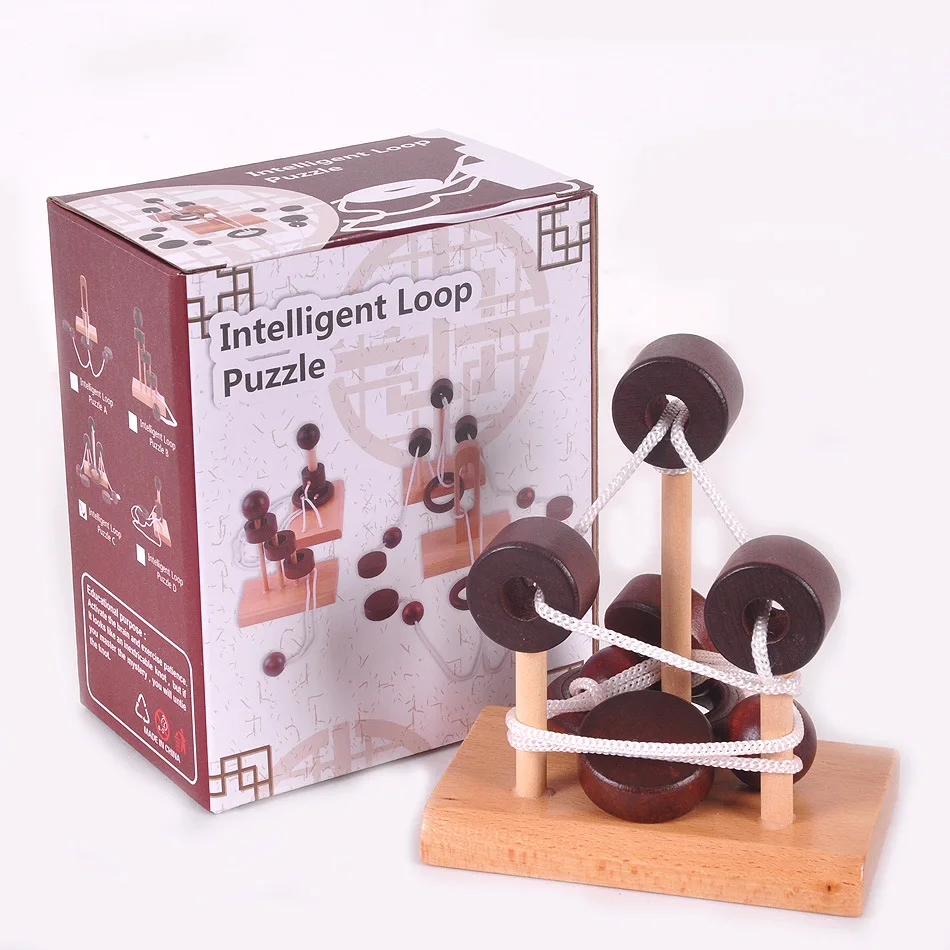 4 Pack Classic Wooden Rope Puzzle Set Ring Puzzles String Solution Central Brain Teaser For