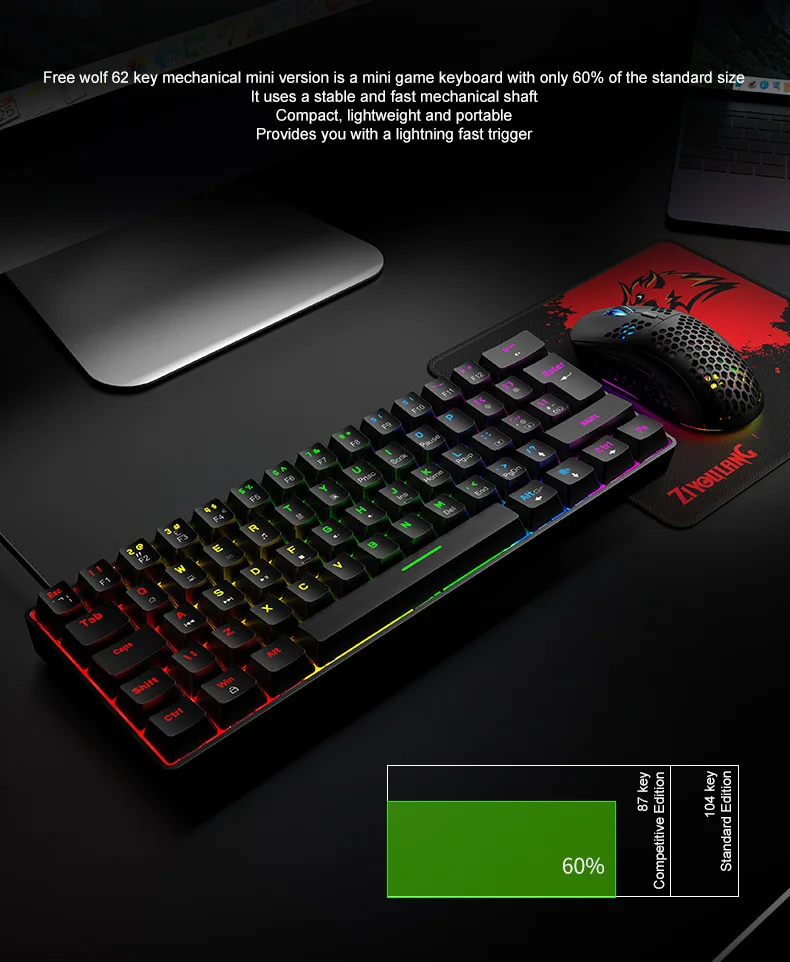 ZIYOULANG T60 Keyboard and Mouse Set - 62 Key Mechanical