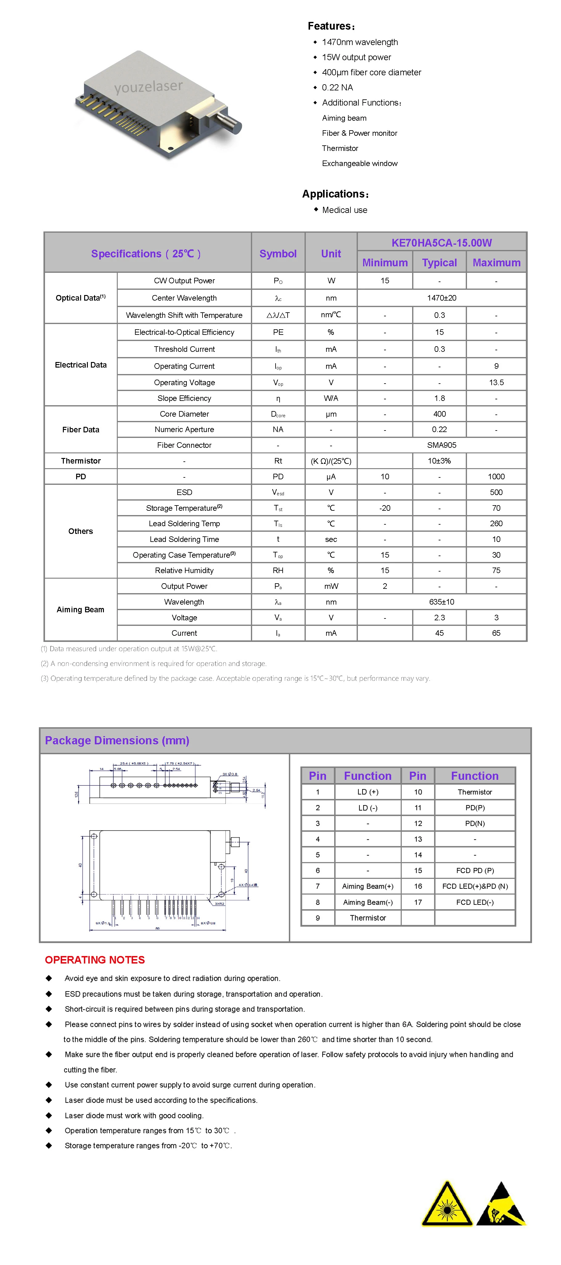 Medical Semiconductor Fiber Coupled Laser Diode Module 1470nm15w - Buy ...