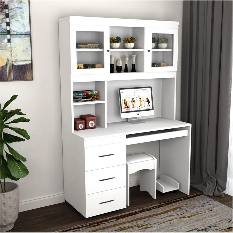 Home Office Standing White Computer Desk with Shelves