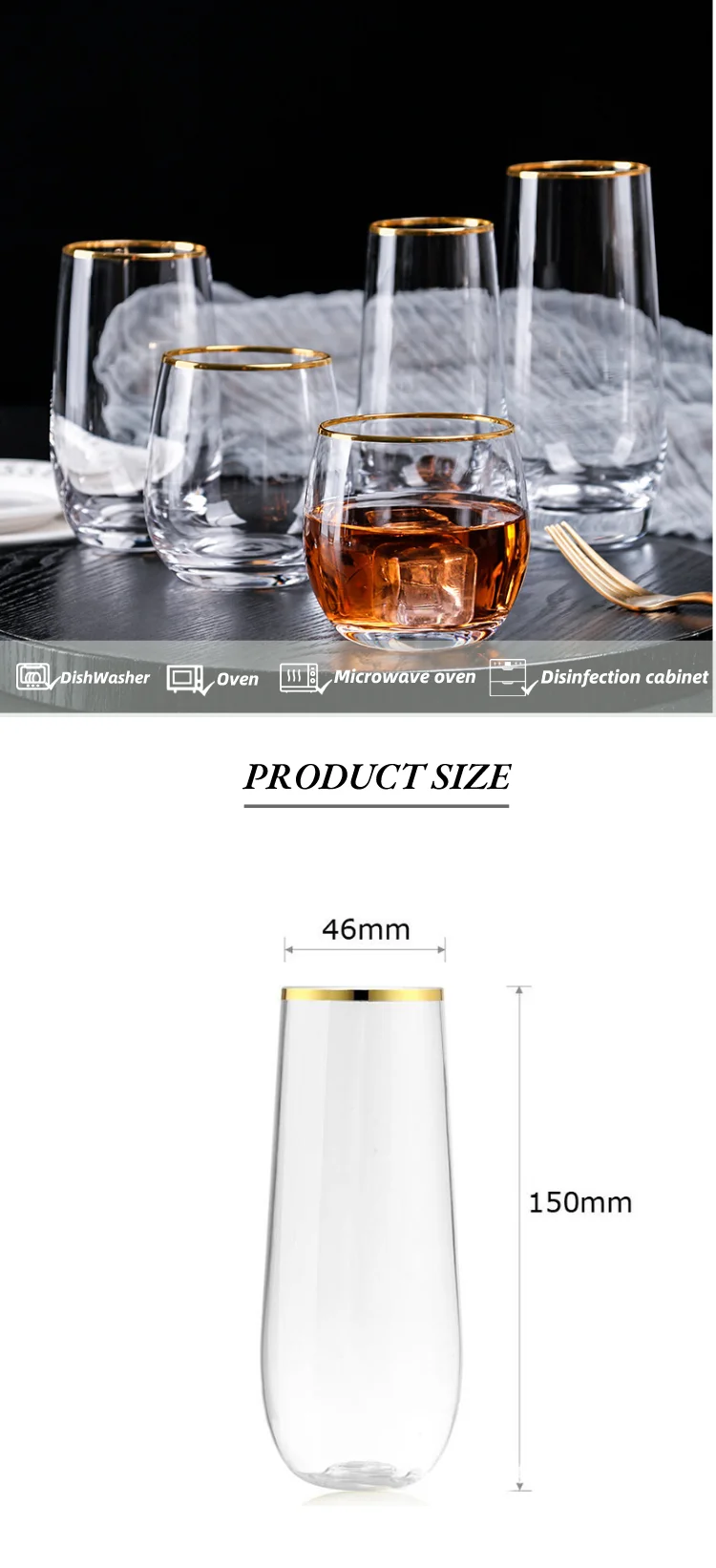 Customize Gold Rim Stemless 250ml Champagne Luxury Coupe Champagne ...