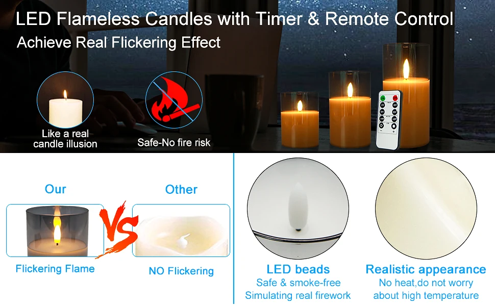 Grey Flameless Candles - Elegant Remote Control LED Lights