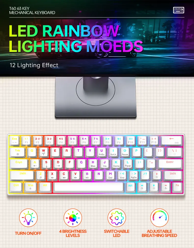 Gaming Mechanical Keyboard Wired Mini 63 Keys Qwerty Customized Color ...