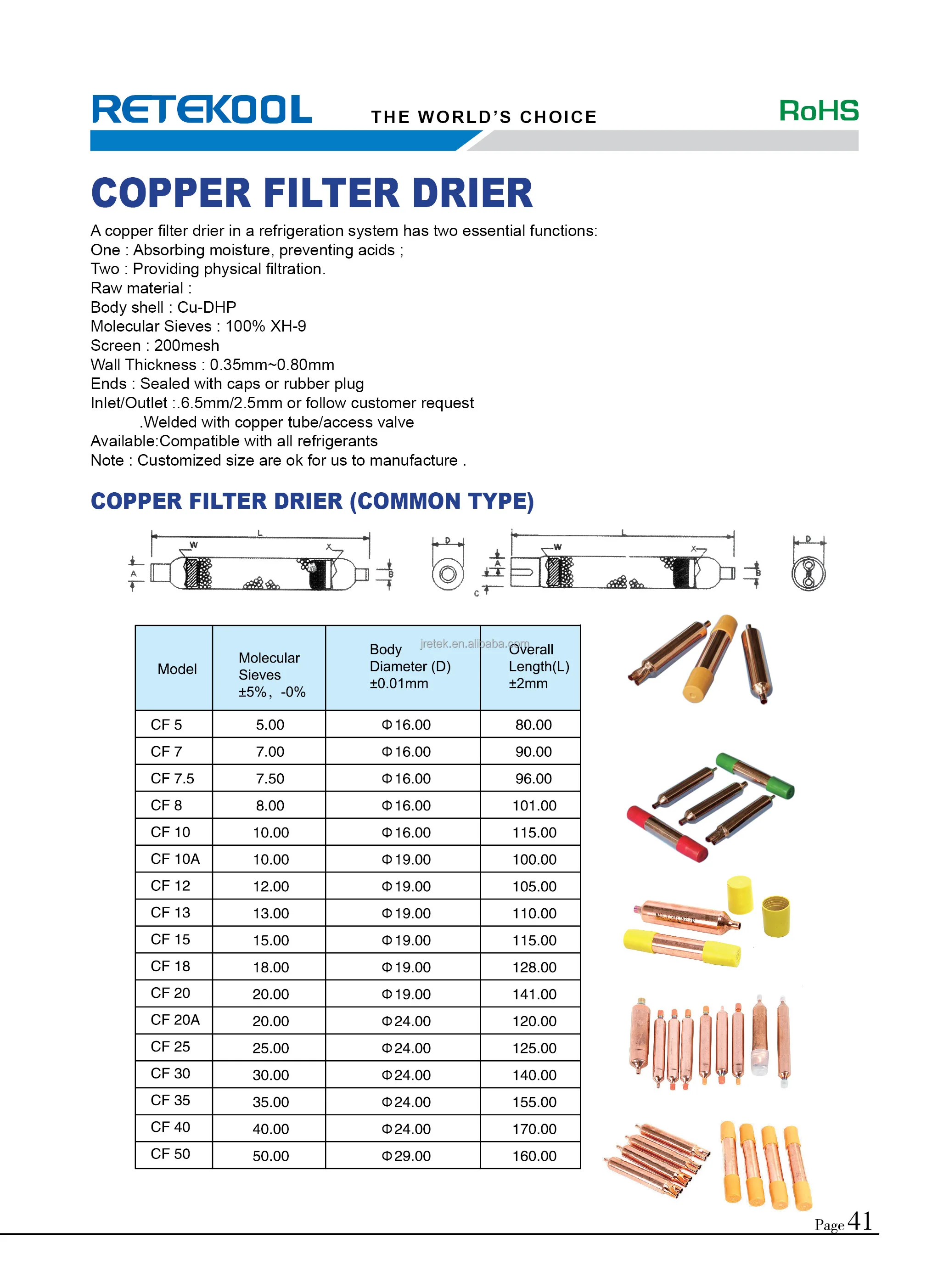 Universal OEM Copper Filter Dryer for Refrigerator 15g 25g
