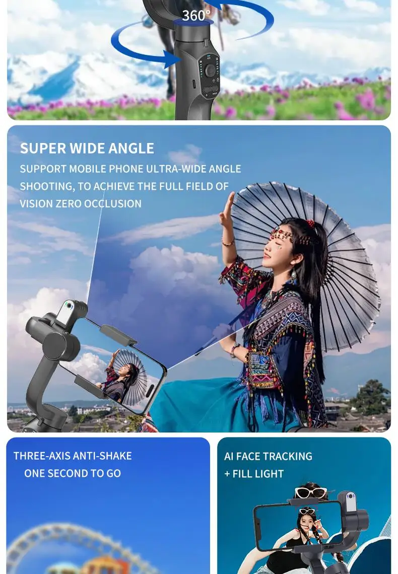 AI Face Tracking+Fill Light 3 Axis Anti-shake Handheld Gimbal Stabilizers 360 Infinite Bit ...