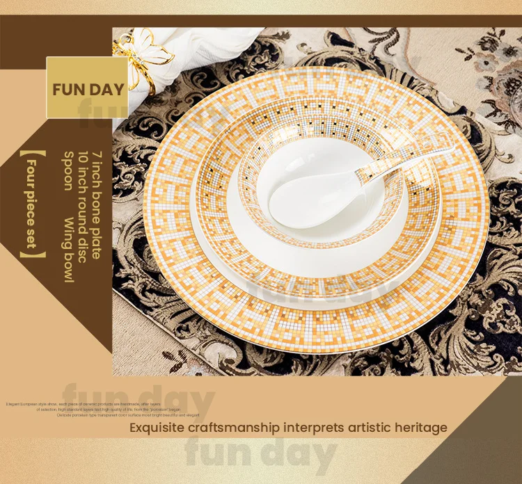 Luxury Gold and White Checkered Tableware Overglaze Color Dinner Plate ...