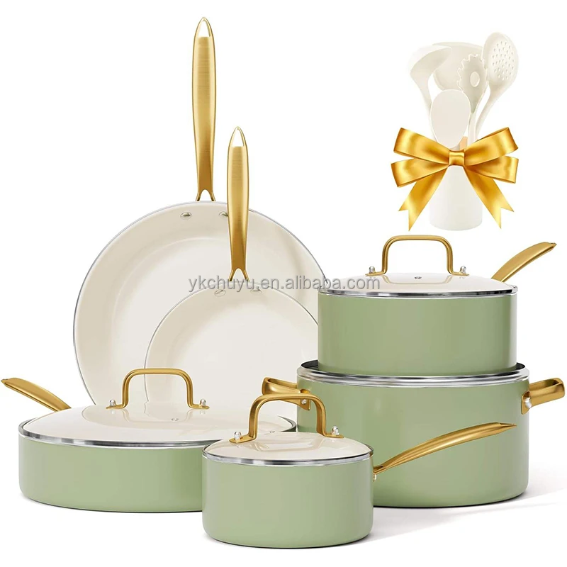 Luxury Green 16-Piece Induction Cookware Set - Ceramic Non Stick