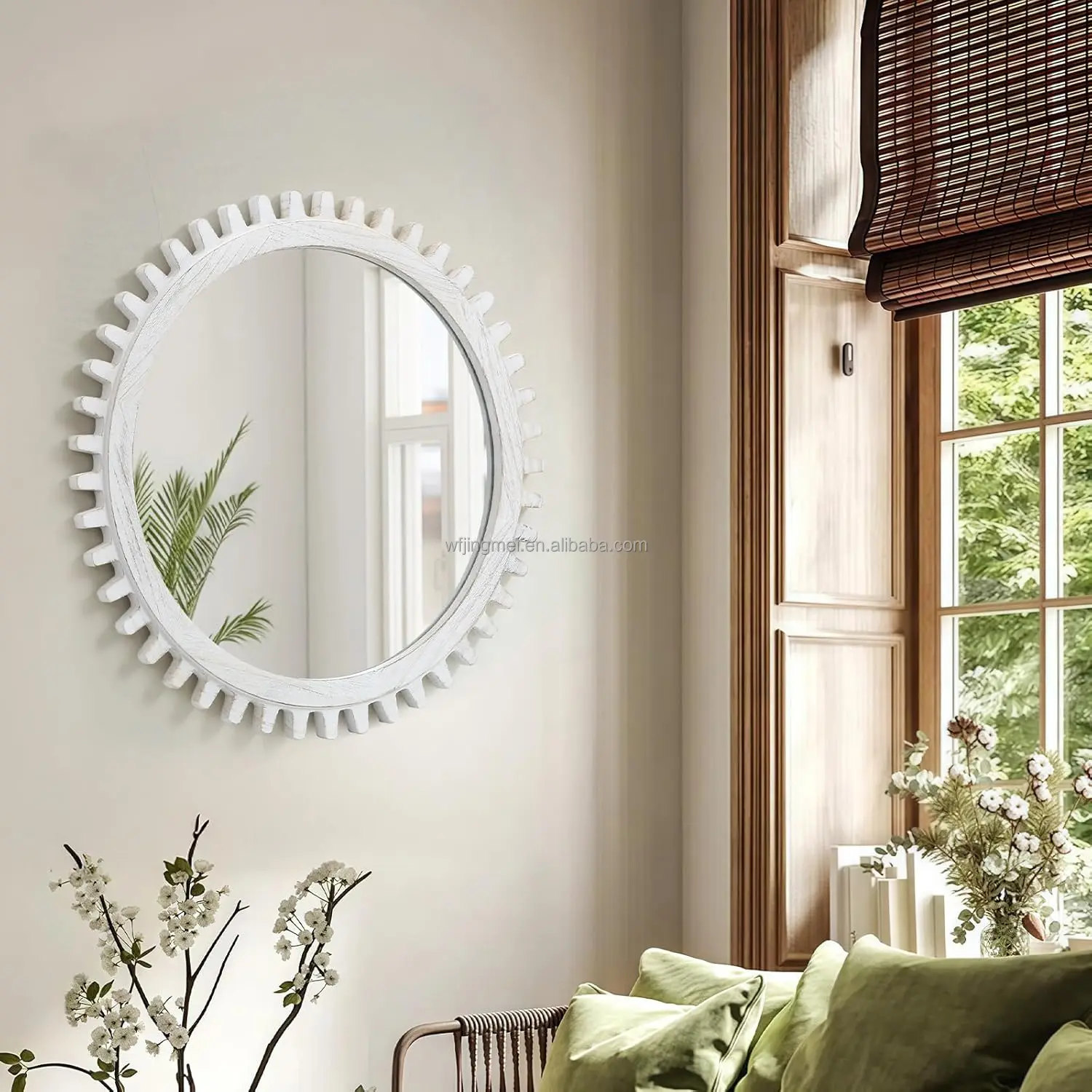 Round Wood Mirror, 24 Inch Rustic Farmhouse Circle Mirror with Wooden ...