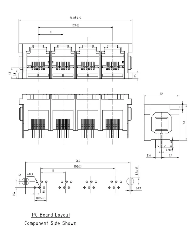 5225 Vertical RJ25 PCB Jack 1x4 Ports DIP Soldering Pin 1.02mm Spacing Jack Length 50.18mm Top ...