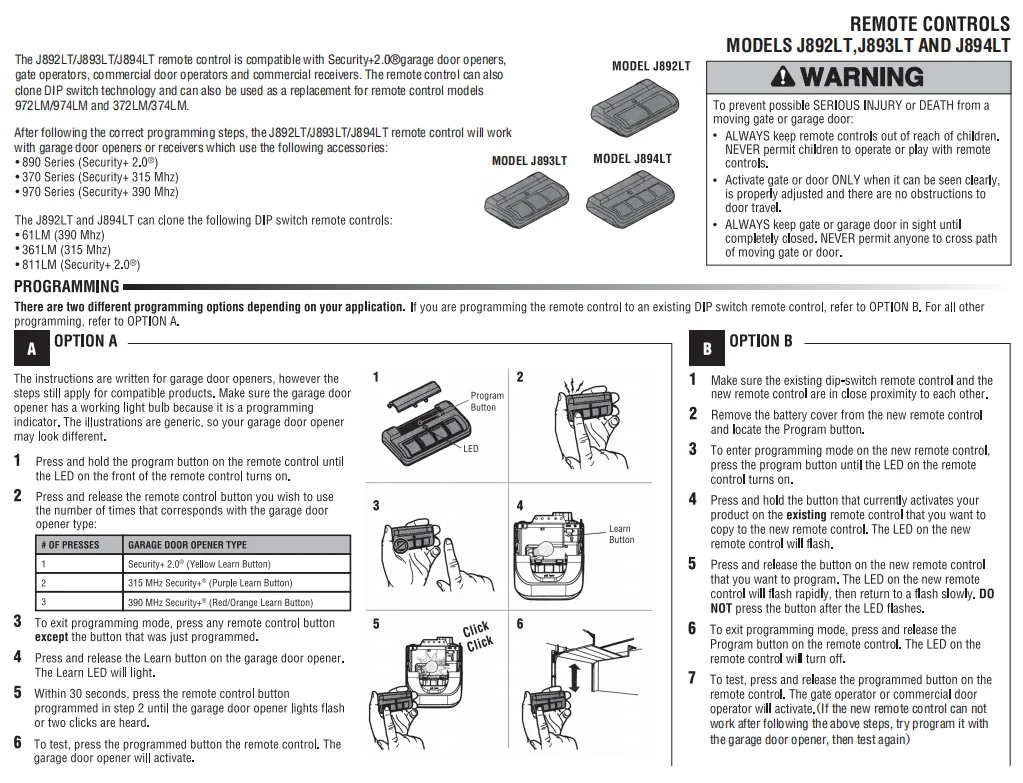For 892LT Garage Door Opener Remote Replaces Model 972LM 372LM 62LM ...
