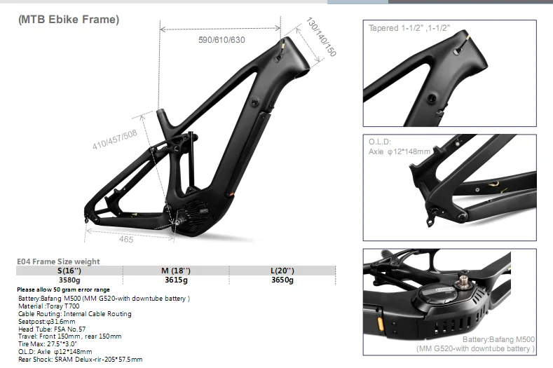 Bafang M500 M520 M600 M620 48V 500W 1000W Electric Bike Frame