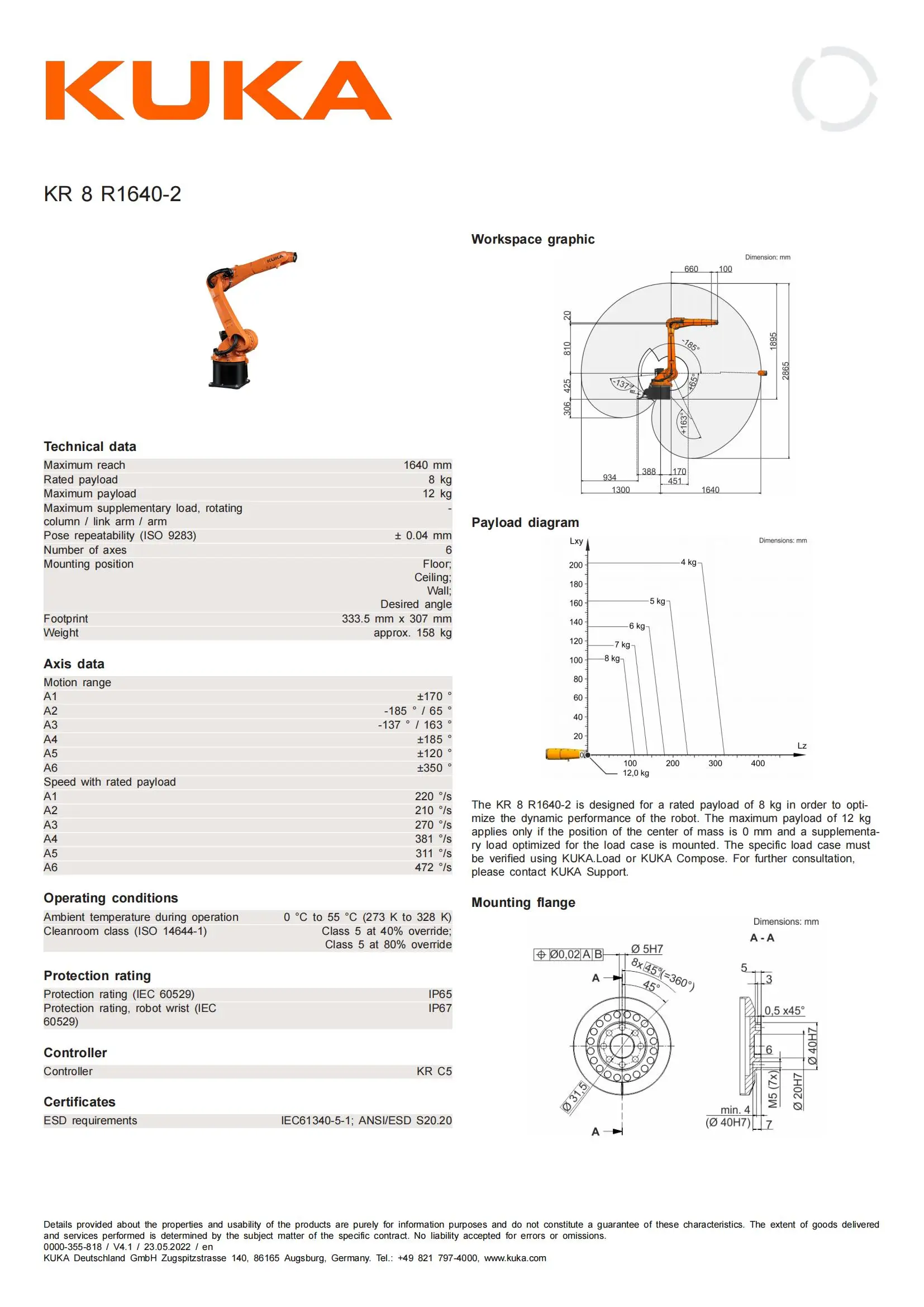 Kuka 6axis Robot Arm Rated Payload 8 Kg Maximum Reach 1640 Mm Pose ...