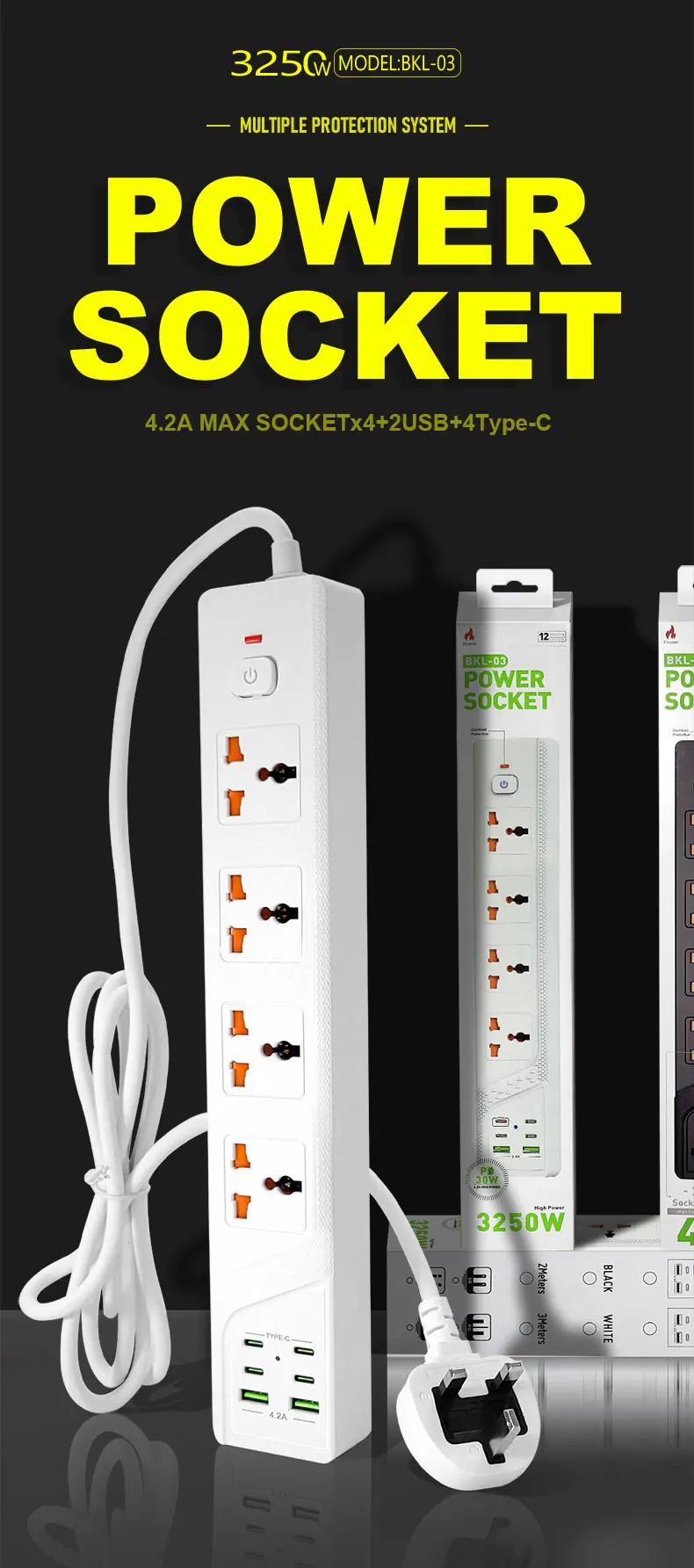 2m BKL-03 Series Smart DC Power Socket with USB & Type C