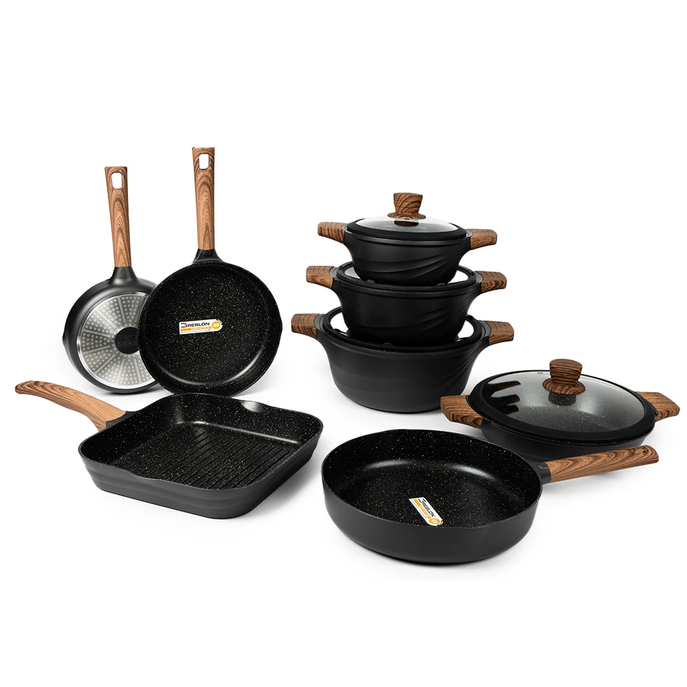 Black Granite Cookware set Induction Bakelite non stick cookware sets ...