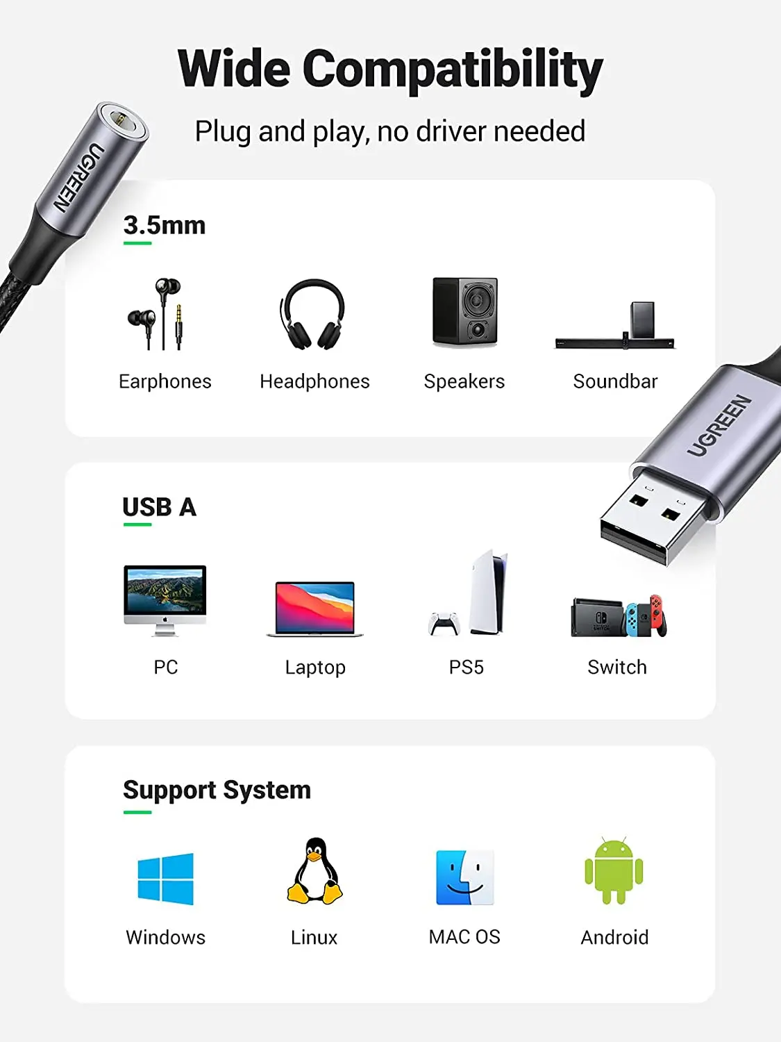 UGREEN USB External Sound Card - 2-in-1 USB to 3.5mm Audio Adapter for ...