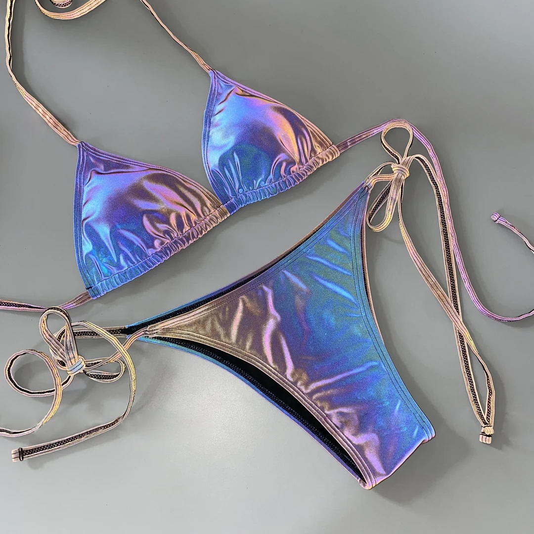 Women's Printed Rainbow Reflective Fabric String Bikini Set Sexy Micro ...
