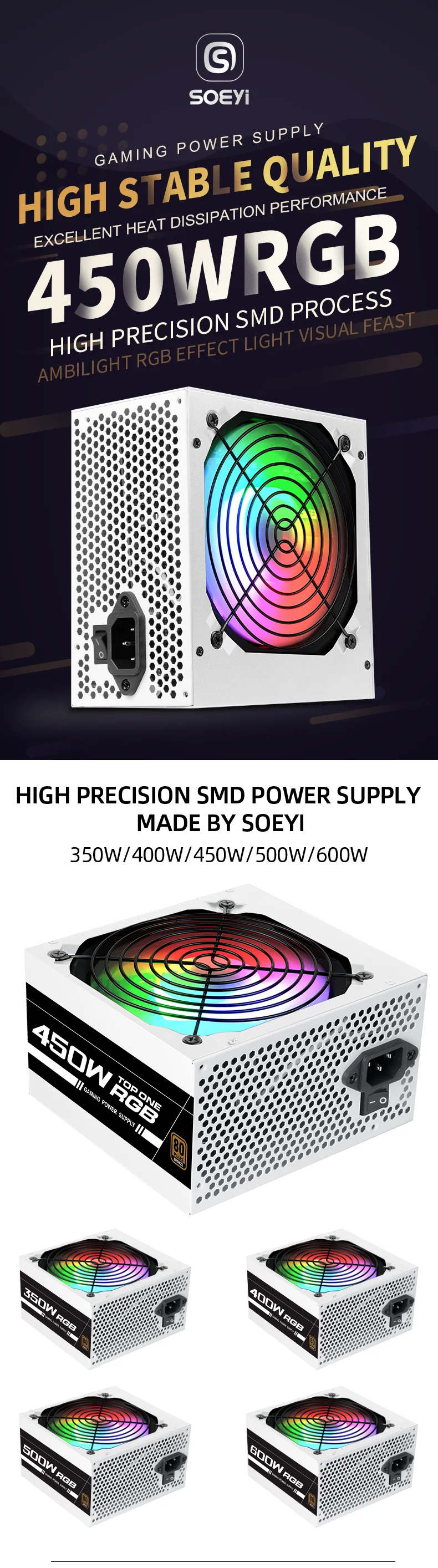 Soeyi Rgb 450w 500watt Psu 80 Plus Bronze Optional Semi Modular Fully ...