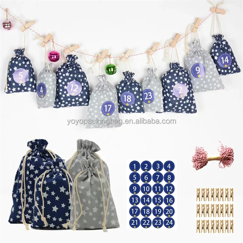 Diy Gray Blue Jute Bags Stickers Wood Clip Candy Storage Calendar Bags ...