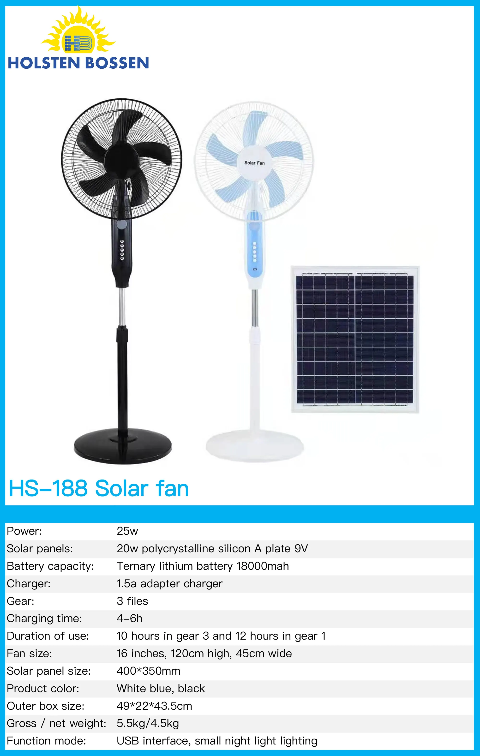 Hs188 Solar Standing Fans Electric Air Cooling 3 Speeds 16 Inch 15w ...