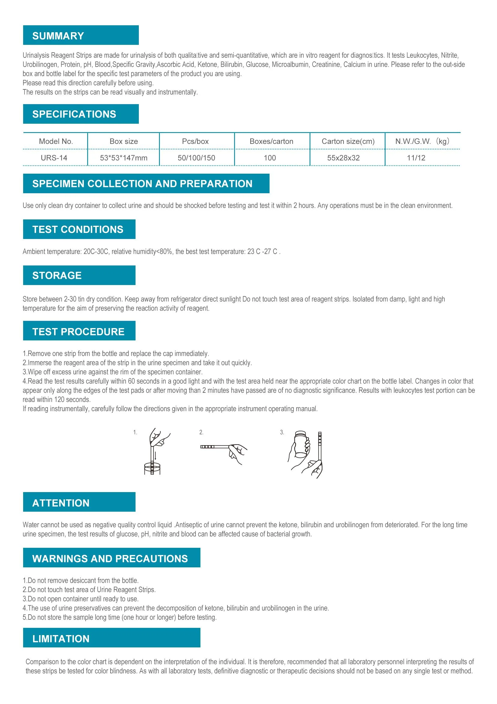 Urine Reagent Strips for Urinalysis - 14 Parameters URS-14