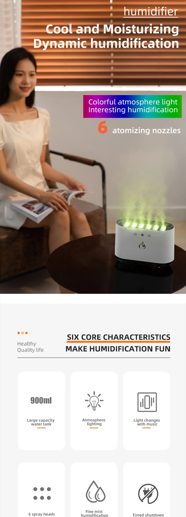 Portable 900ml Dynamic Humidifier Humificador 6 Spray Running Smart ...
