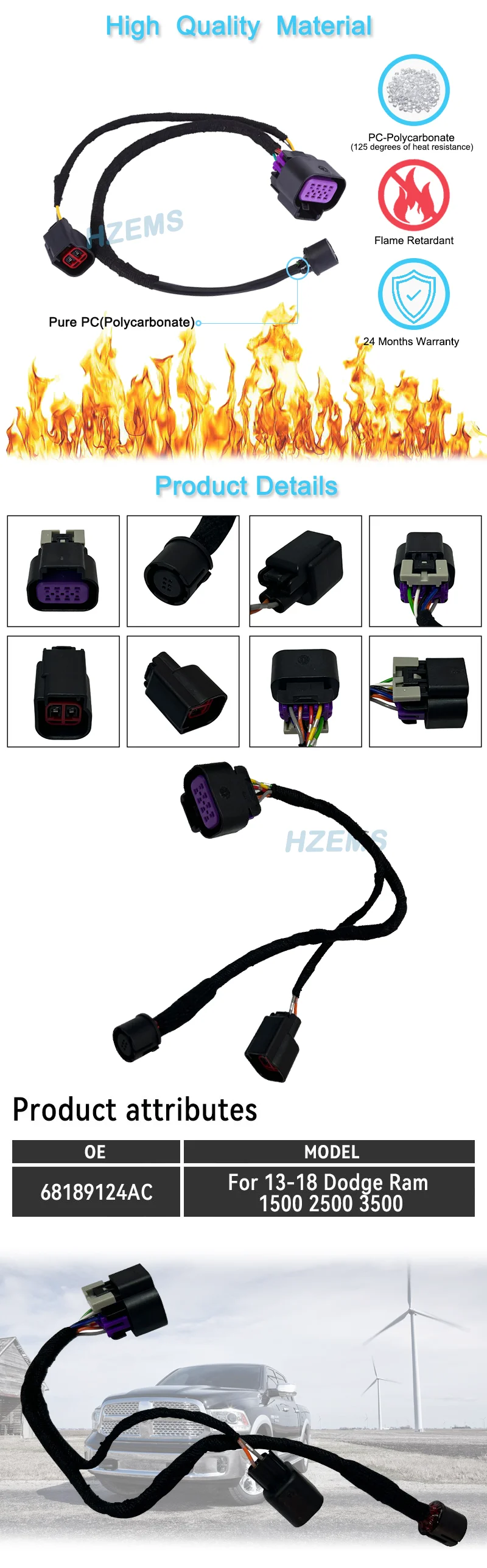 68189124AB 68189124AC Rear View Camera Tailgate Wiring Harness Fit for ...