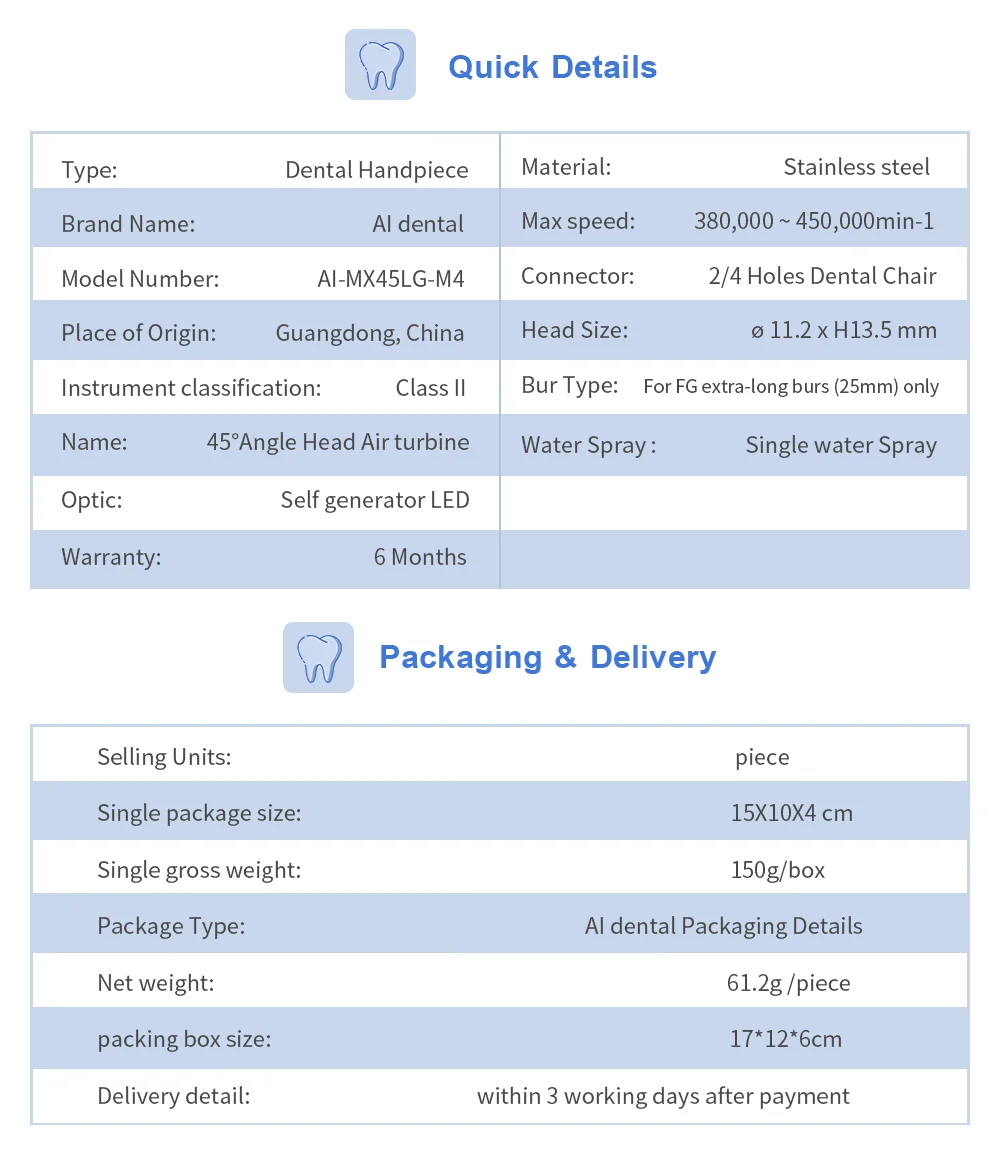 Wisdent Dental Air Turbine Handpiece - 45 Degree Head
