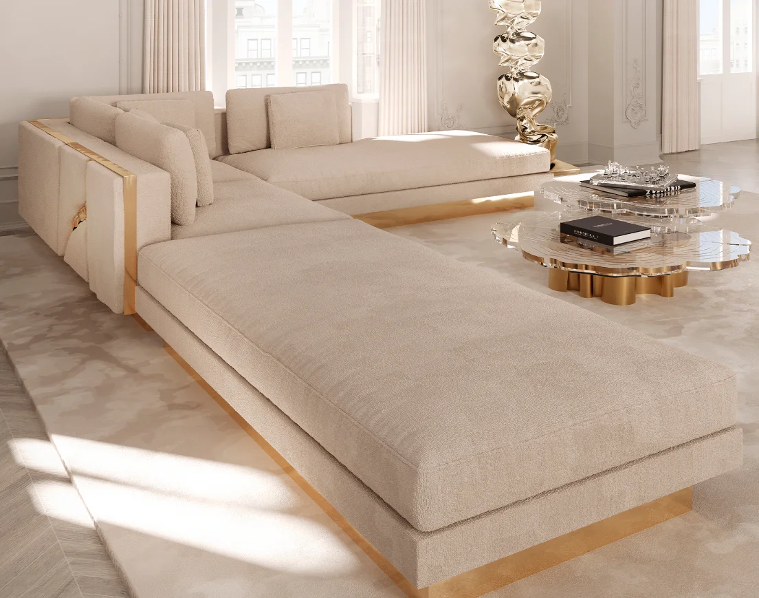 BOCA DO LOBO Sofa Set Luxe Genuine Frosted Leather Couch L-Shaped Metal ...