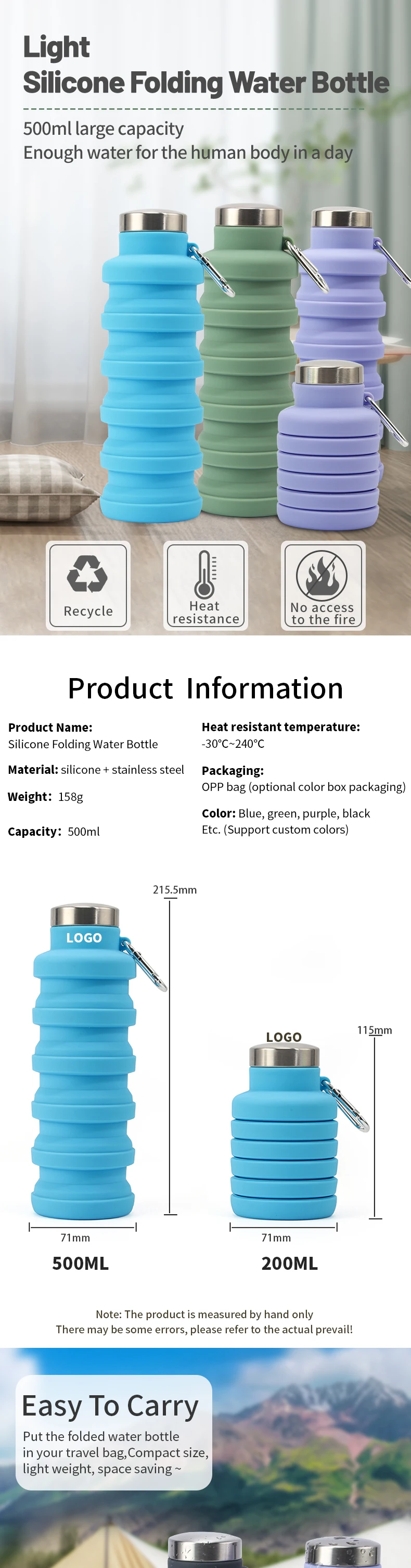 Reusable Bpa Free Silicone Foldable Water Bottles Travel Gym Leakproof Collapsible Sports Water ...