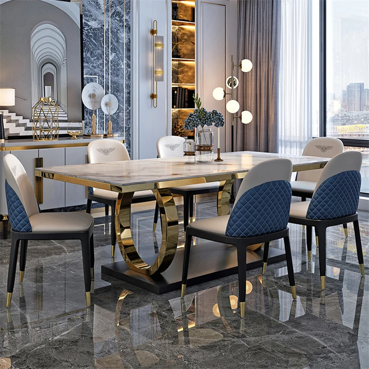 Modern Luxury Marble Dining Table Set with Metal Legs & Chairs ...
