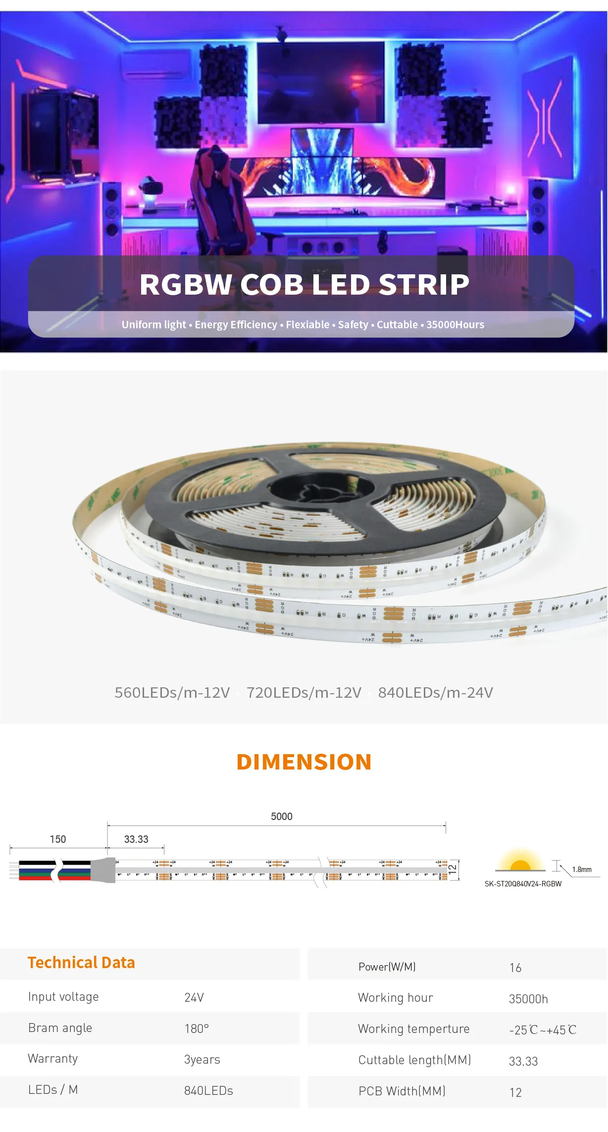 Shinesky Hot Selling Cob Strip 840leds/m Rgbw Led Strip Light 12/24v High Lumen Cob Led ...