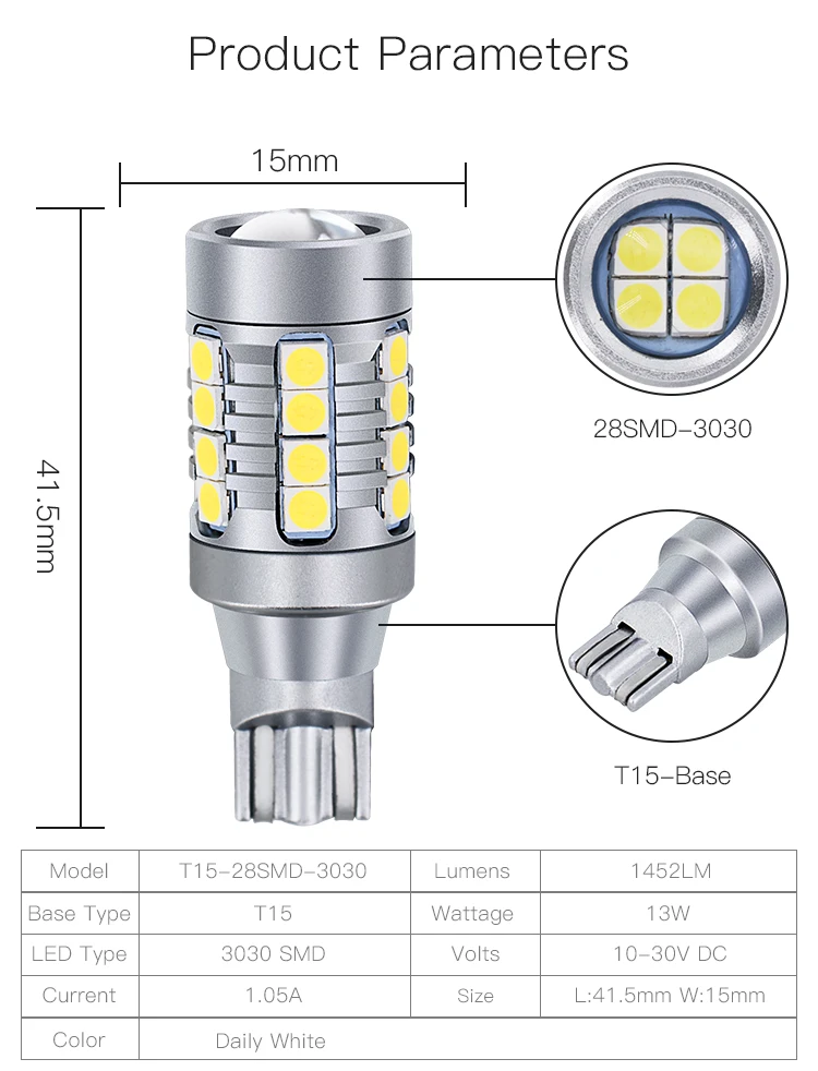 Super Bright White T15 T16 W16W 3030 28SMD LED Car Auto Reverse Light ...