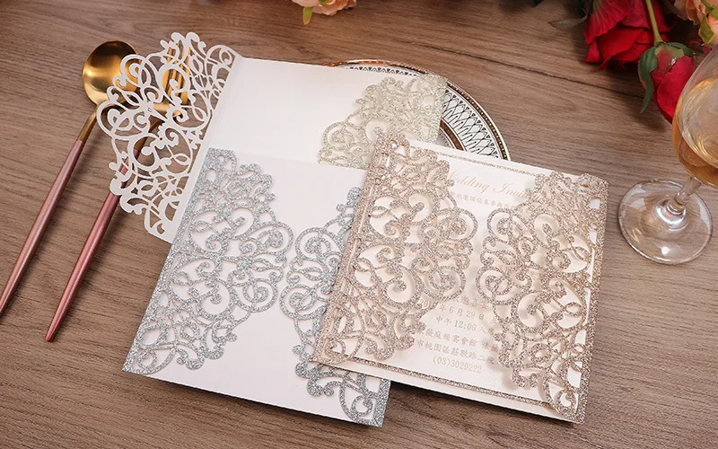 Laser Cut Navy Blue Wedding Invitation Card with Silver Glitter Belt ...