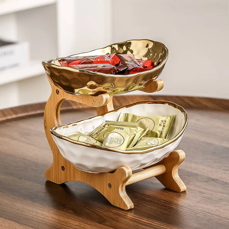 3 Tier Oval Bowl,Set With Bamboo Rack Ceramic Fruit Bowl Serving Party ...