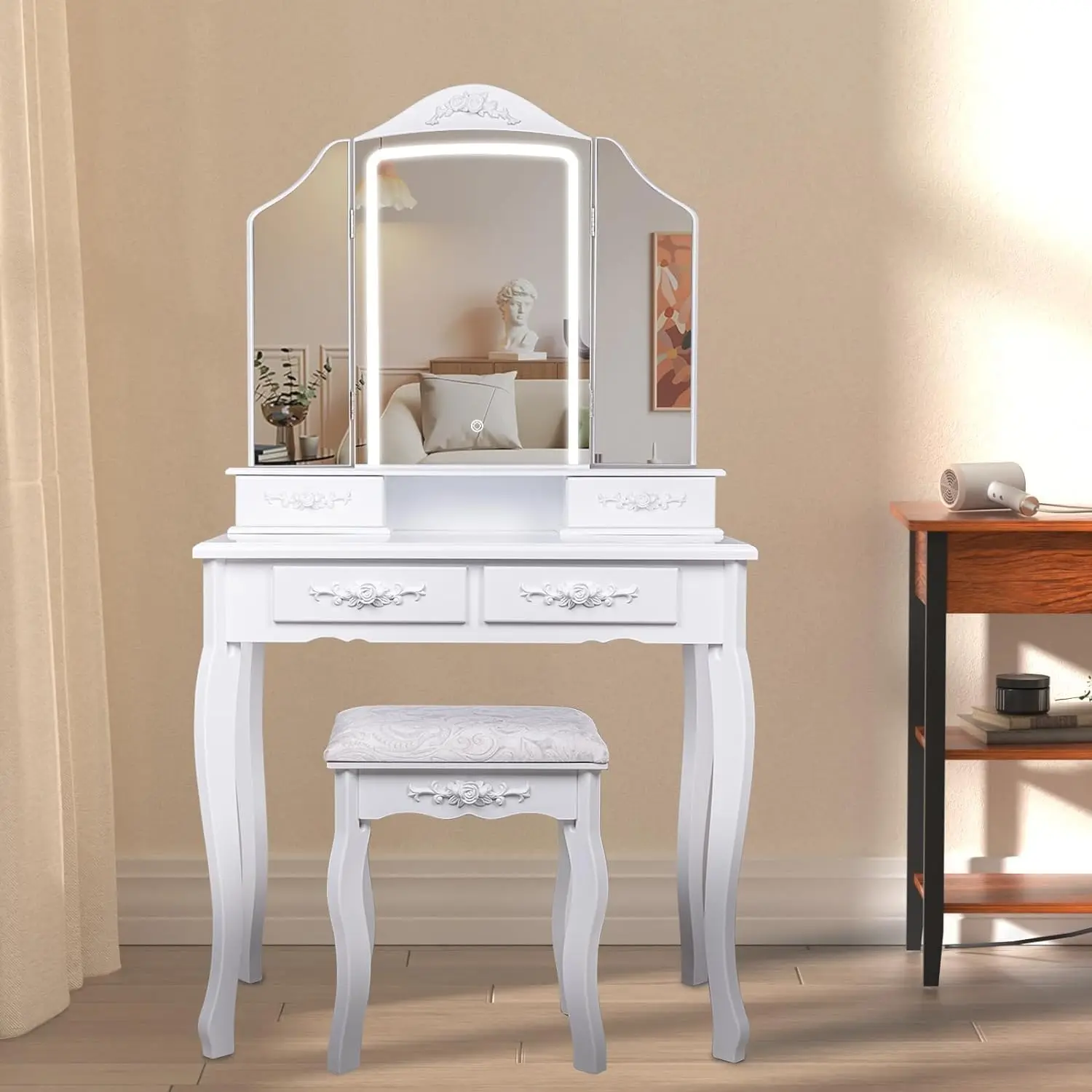Modern Makeup Vanity Desk With Folding Mirror,Power Strip,Lights ...