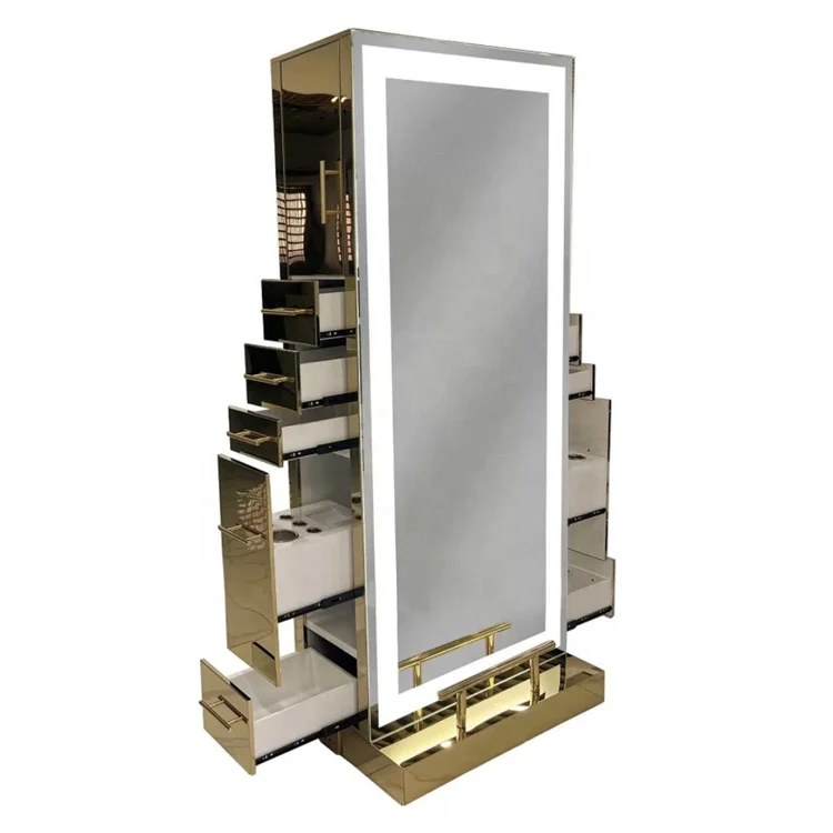 Gold Stainless Steel Double Sided Salon Led Styling Mirror Station For ...