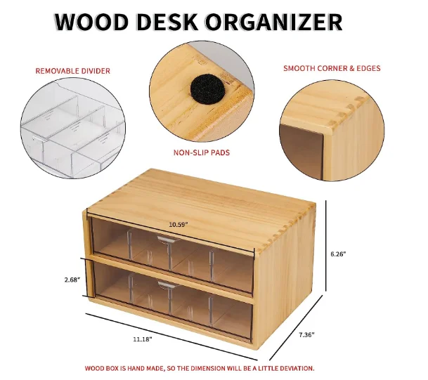 2 Tier Wood Tabletop Storage Drawers With Removable Divider For Home ...