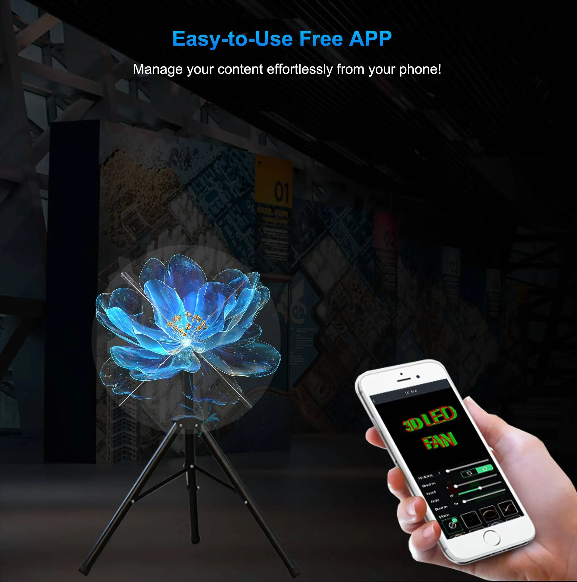 65CM APP Controlled 3D Hologram Fan Portable Design with Naked Eye ...