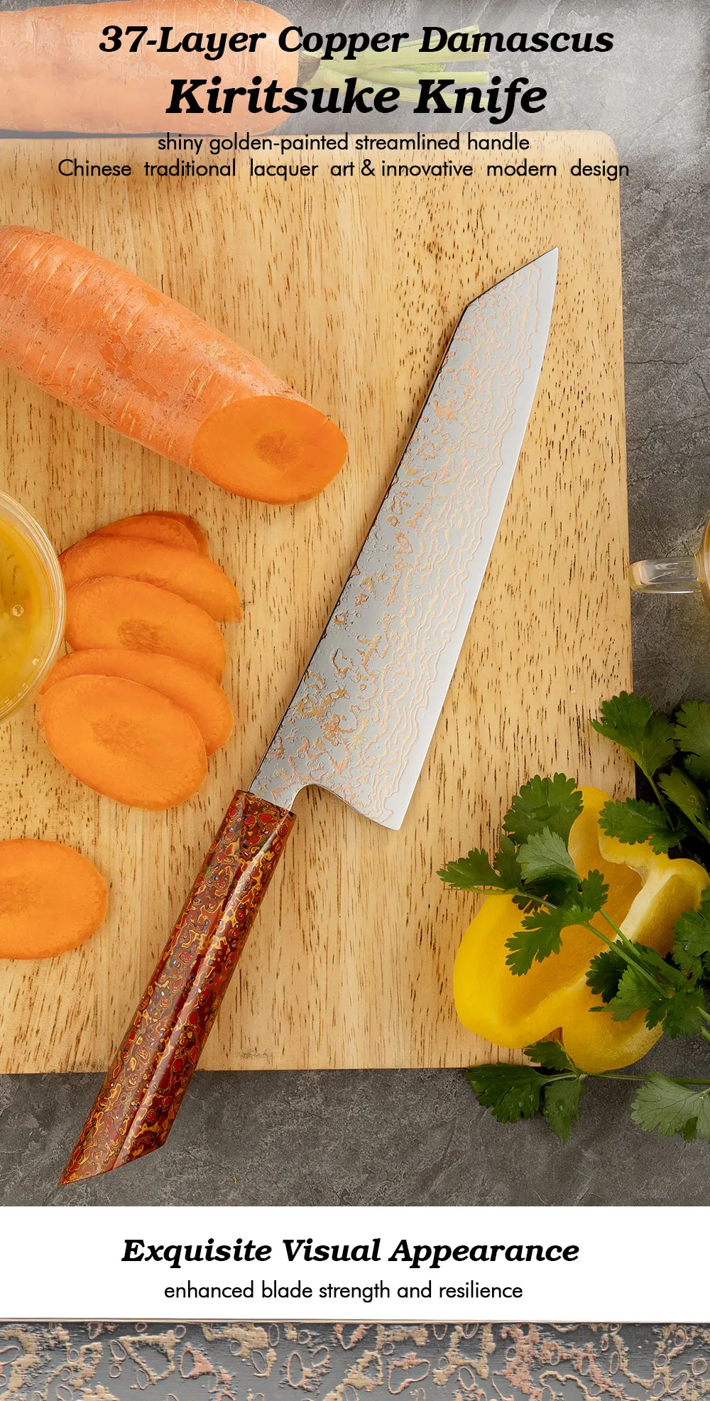 Amber Tri-color Copper Vg10 Core Damascus Steel Japanese Kiritsuke ...