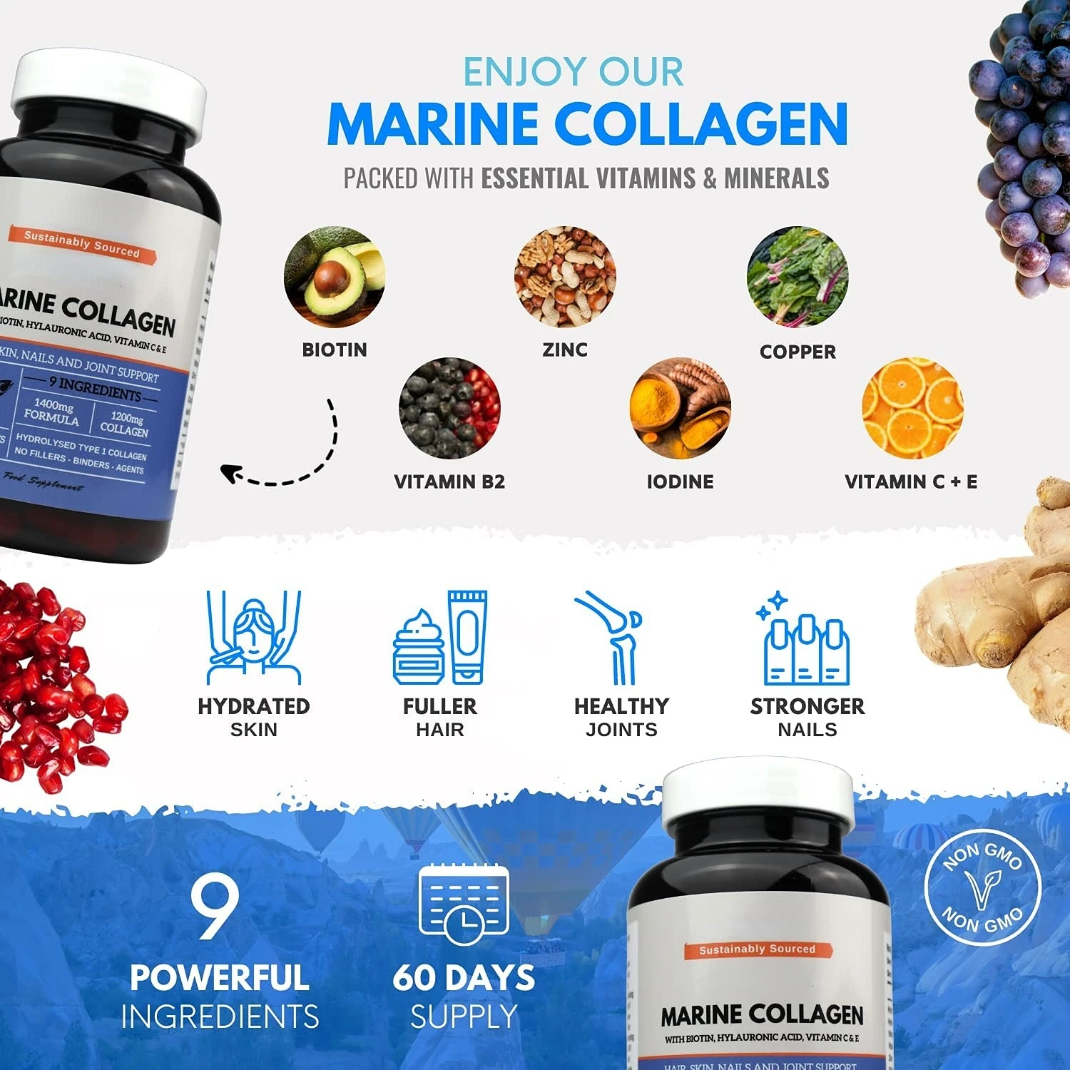 Marine Collagen 1400mg Capsules with Biotin Hyaluronic Acid Vitamin C E ...