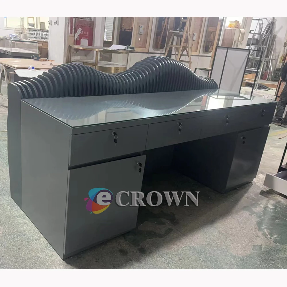 Desk showcase reception mall checkout table wooden curved design ...