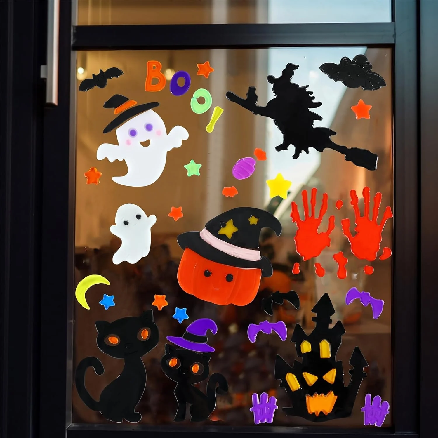 Halloween Window Gel Clings Ghost Pumpkin Bat Witch Cat Boo Blood Decal ...
