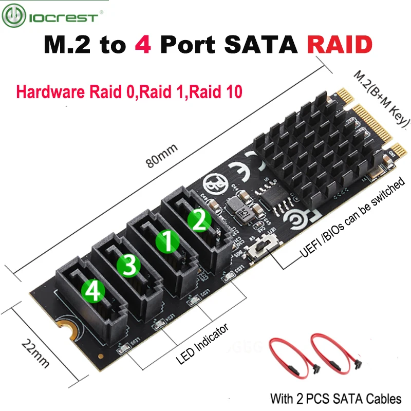 IOCREST M.2 to 4 Ports RAID SSD HDD Adapter - 88SE9236 Chip