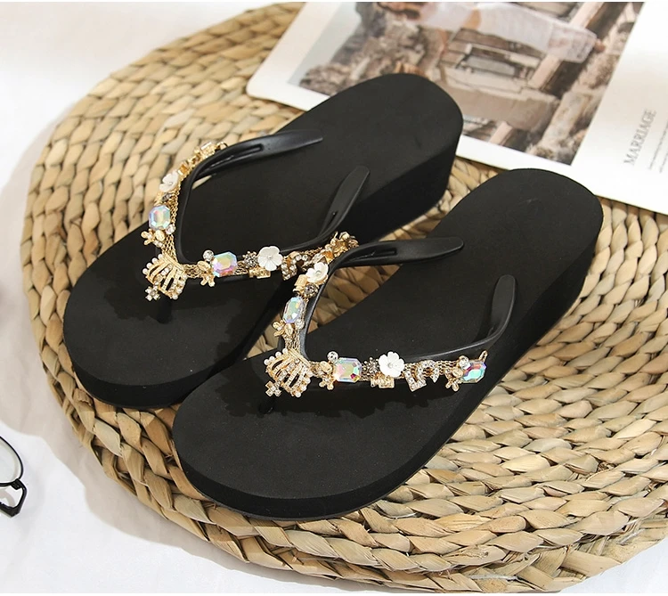 Bling Summer Outdoor Flip Flops Crown Gemstone Diamonds Women Wedge ...
