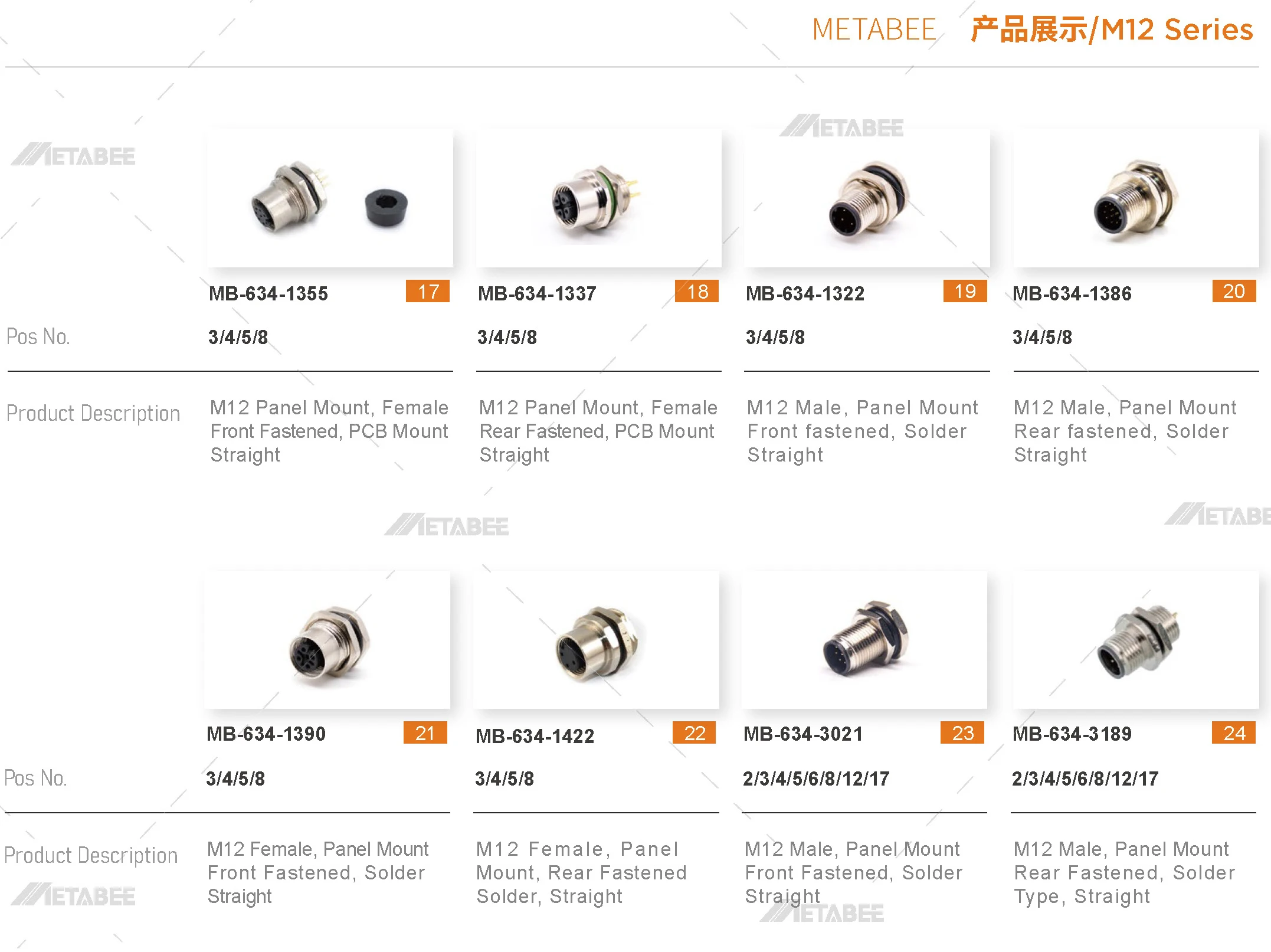 M12 Circular Connector Cable Panel Mount 3/4/5/6/8/12 Pin Connectors ...